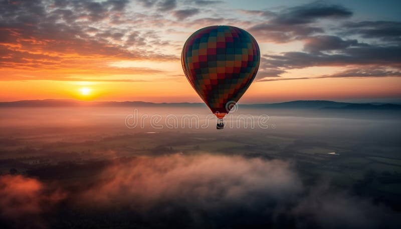 Levitating Hot Air Balloon Soars High Over Mountain Range Stock ...