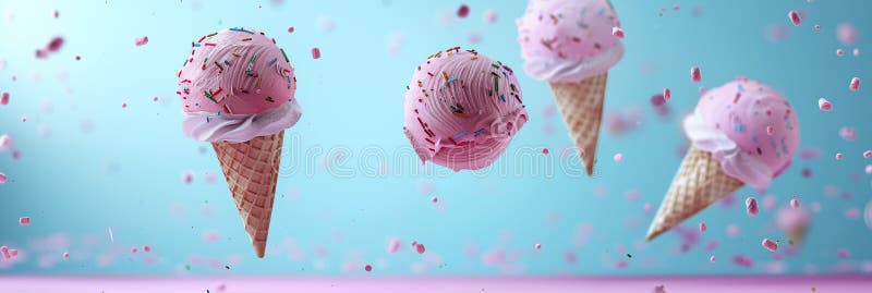 Levitating Ice Cream Cones with Sprinkles Against Blue Background ...
