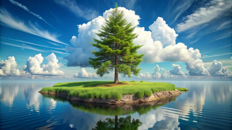 A Levitating Island in a Lake with Gass and a Sole Tree, AI Generated ...