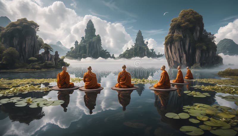 Levitating Monks in an Inverted Gravity Landscape Stock Illustration ...