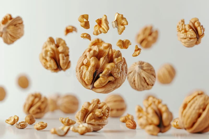 Levitating Nuts Falling in Mid Air Against a White Background ...