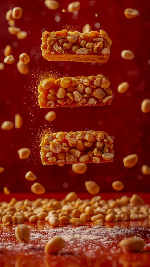 Levitating Peanut Brittle Bars with Flying Nut Pieces on Deep Red ...