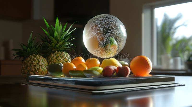 Levitating Pineapple Inside a Glass Sphere Above Assorted Fresh Fruits ...