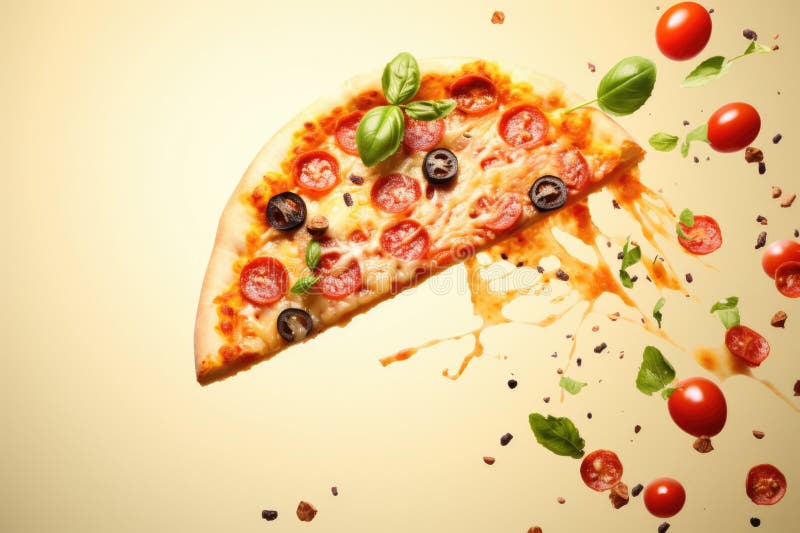 Levitating Pizza Slice with Flying Cheese, Tomatoes, Greens, and Olives ...