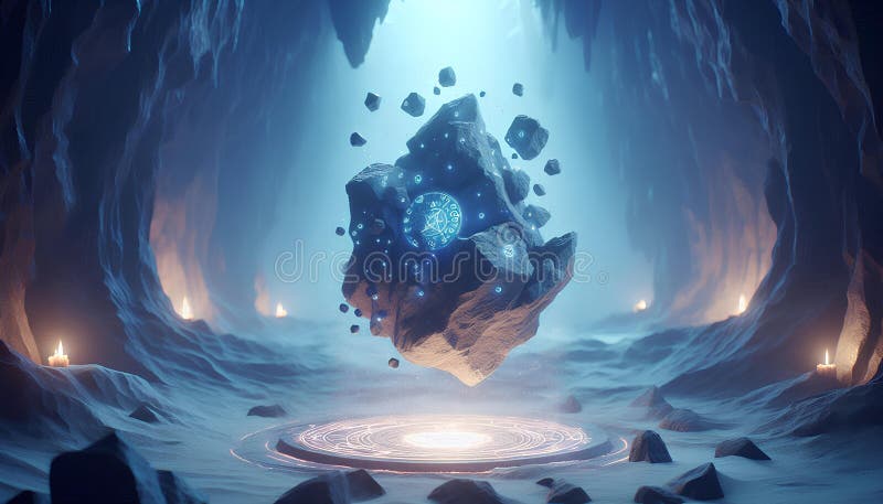 Levitating Rune Rock in Mystic Cave Stock Illustration - Illustration ...