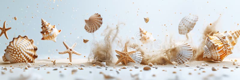Seashells and Starfish on Sandy Tropical Beach with Palm Trees and ...