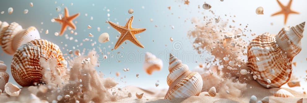 Levitating Seashells and Starfish Exploding on Sandy Beach with ...