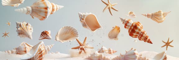 Levitating Seashells and Starfish Exploding on Sandy Beach with ...