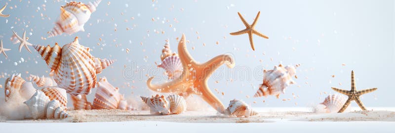 Seashells and Starfish on Sandy Tropical Beach with Palm Trees and ...