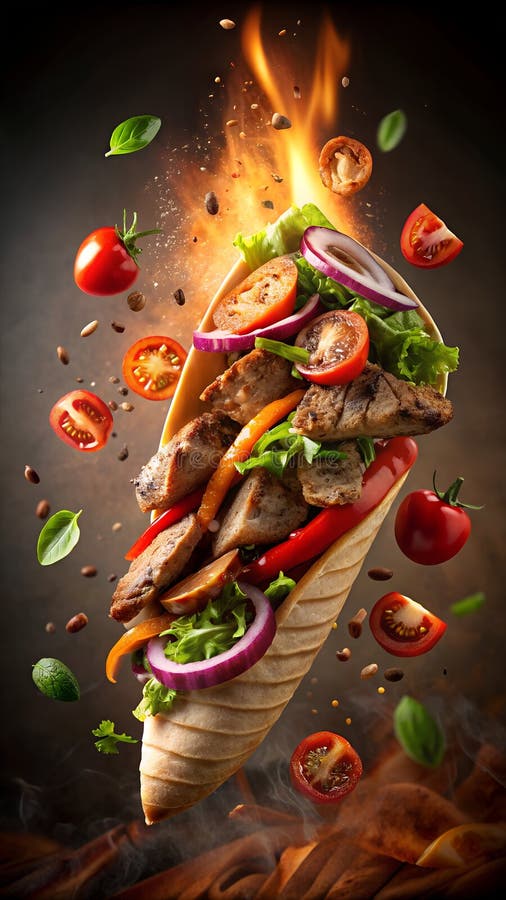 Levitating Shawarma with Vegetables and Meat Flying Out of it on a ...