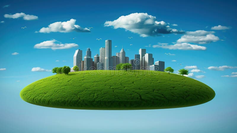 Levitating Small Piece of Land with Modern City on it on Light Blue ...
