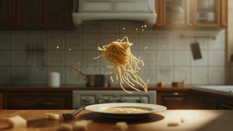 Levitating Spaghetti Over Creamy Sauce in Rustic Kitchen Stock Image ...