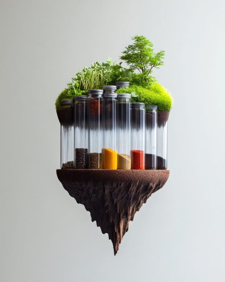Levitating Spice Island with Waterfall of Aromatic Flavors Stock ...