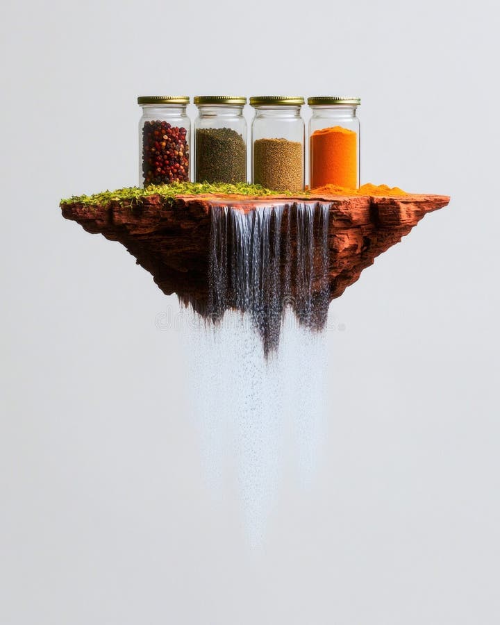 Levitating Spice Island with Waterfall of Aromatic Flavors Stock ...