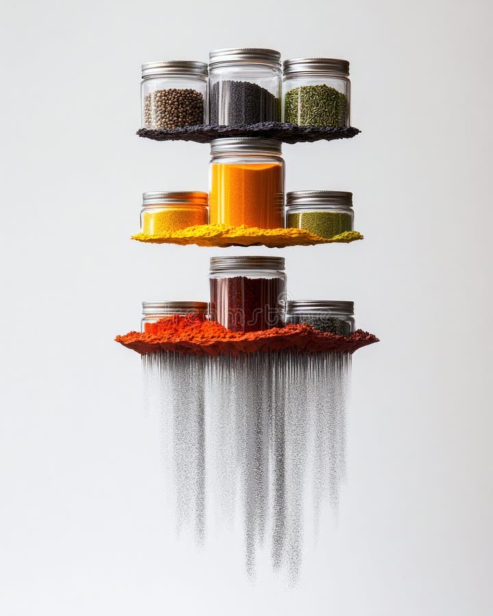 Levitating Spice Island with Waterfall of Aromatic Flavors Stock ...