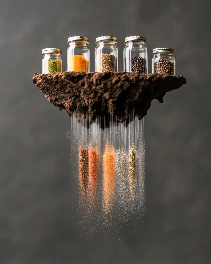 Levitating Spice Island with Waterfall of Aromatic Flavors Stock ...