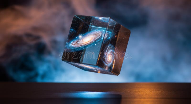 Levitating Surreal Glass Cube with Galaxies Inside Against Mystical ...