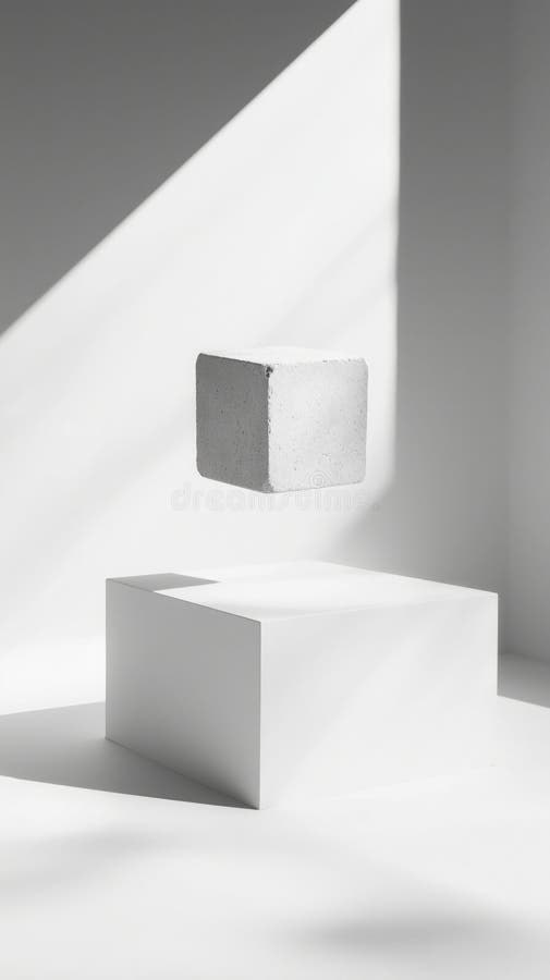 Levitating White Cube Suspended in Calm Minimalist Studio with Soft ...