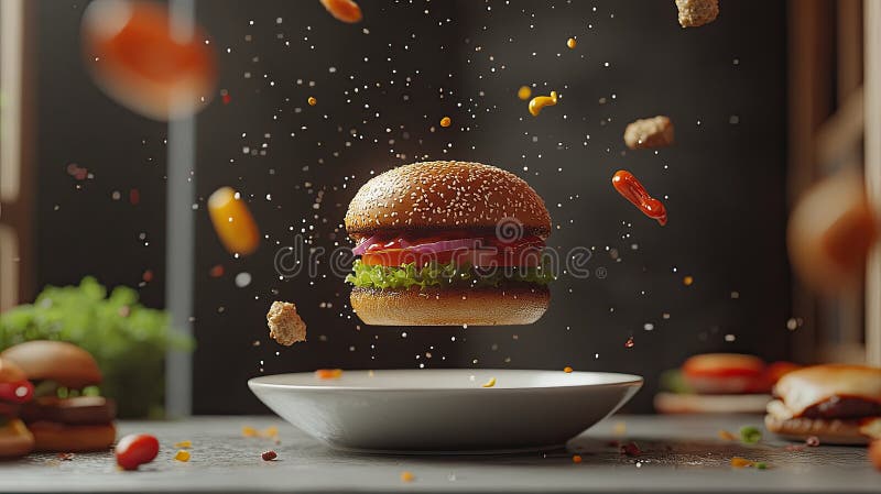 Levitating Burger with Falling Fresh Ingredients Stock Illustration ...
