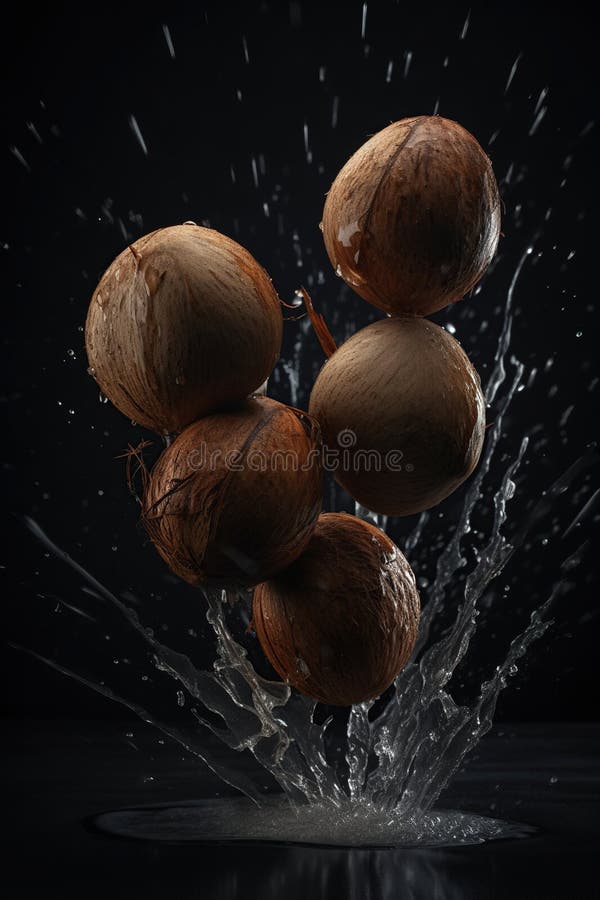 Levitation of Coconuts with Splash on Black Background, Stock ...
