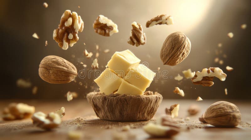 Levitation Photography of Creamy Butter Cubes and Nuts Stock ...