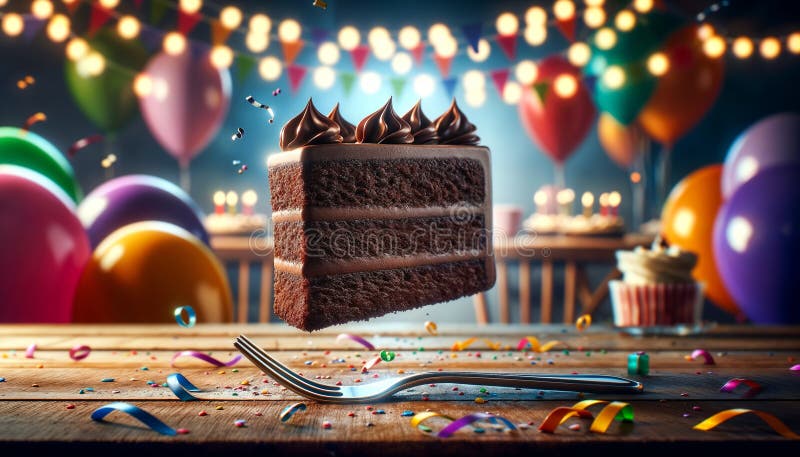 Levitation Slice of Chocolate Cake Served during Festive Celebration ...