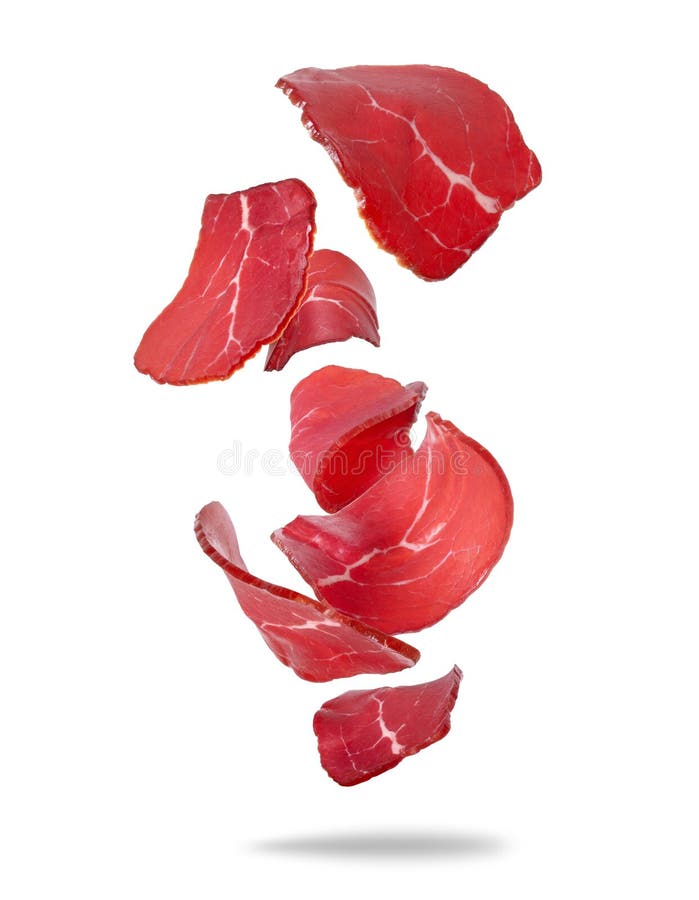 Levitation of Thinly Sliced Venison in the Air Close-up Isolated on ...