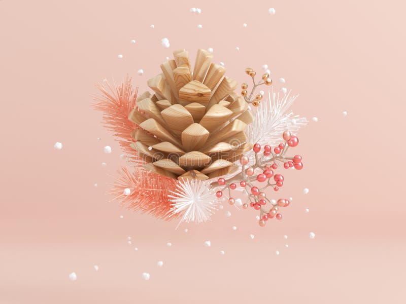 Wood Pine Cone Snowflake and Leaf Levitation Abstract Winter Concept 3d Rendering Stock ...