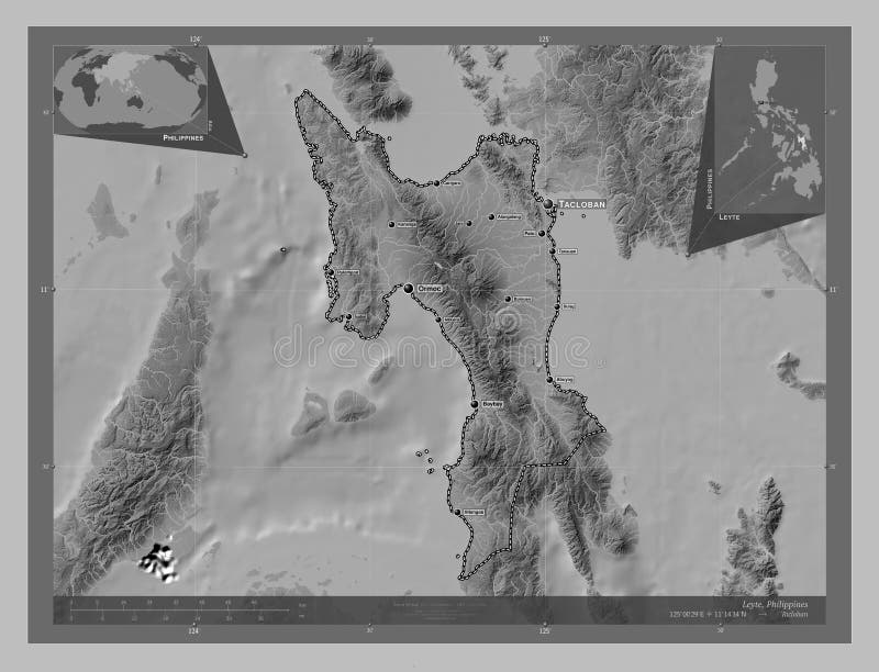 Leyte, Philippines. Grayscale. Labelled Points of Cities Stock ...