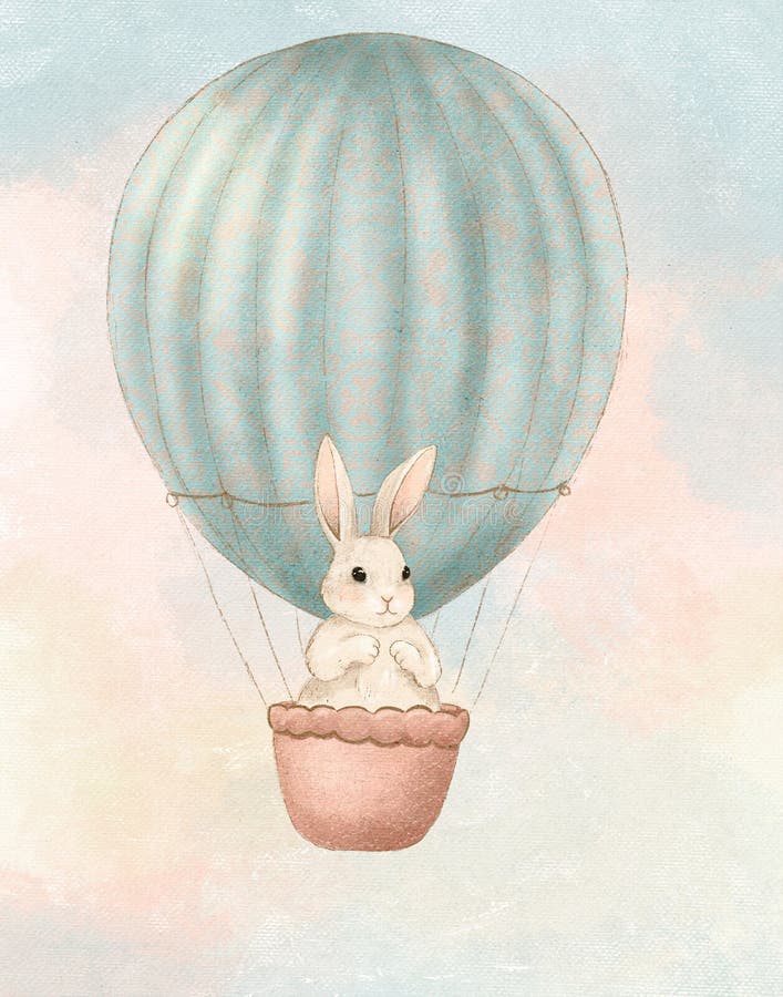 Watercolor Drawing of a Cute White Rabbit Flying on a Blue Hot Air ...
