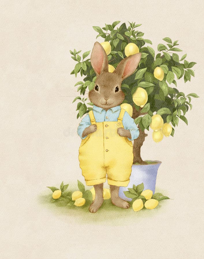 Drawing of a Cute Rabbit in Yellow Clothes with Lemons, Summer ...
