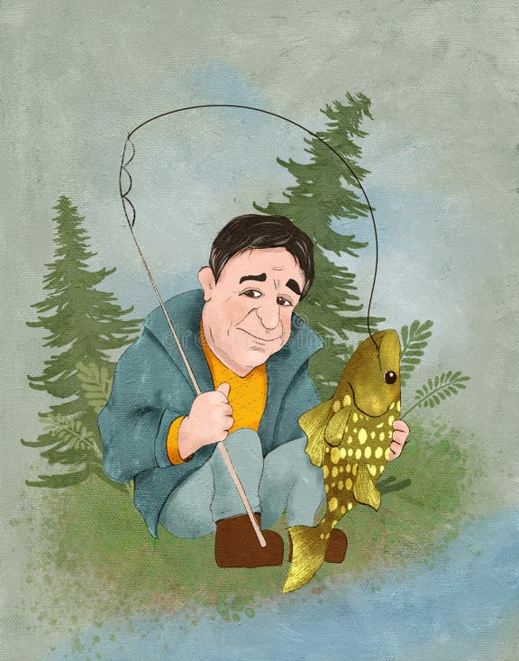 Old Man Fisherman Sits by the River with a Fishing Rod and Fish Stock ...