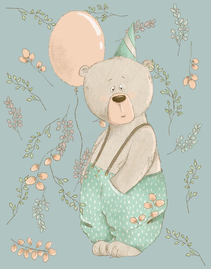Vintage Cute Cartoon Teddy Bear Drawing, Birthday Card for Kids Stock ...