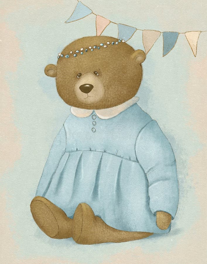 Vintage Cute Cartoon Teddy Bear Drawing, Birthday Card for Kids Stock ...