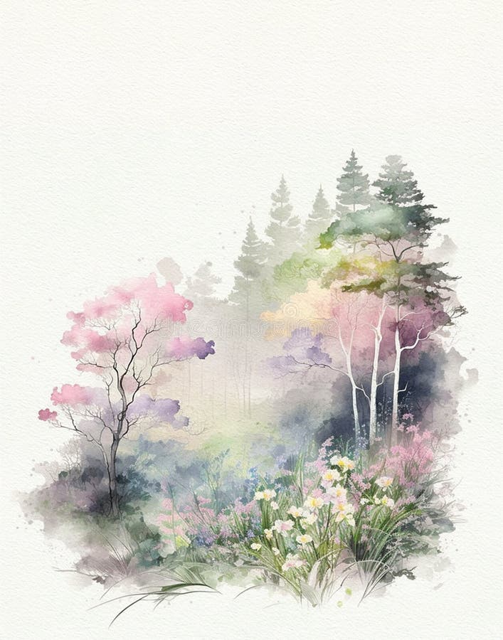 Watercolor Forest, Nature Spring Drawing in Pastel Colors Stock ...