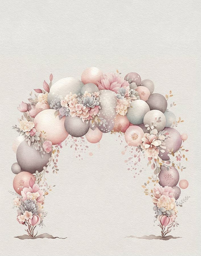 Elegant Watercolor Arch of Balloons and Flowers in Delicate Pastel ...