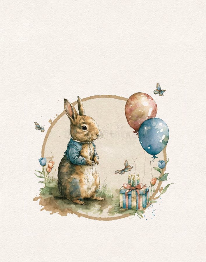 Watercolor Drawing Bunny Birthday, Birthday Cake Party Balloons, First ...