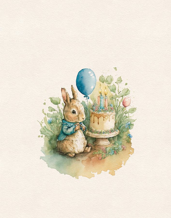 Watercolor Drawing Bunny Birthday, Birthday Cake Party Balloons, First ...