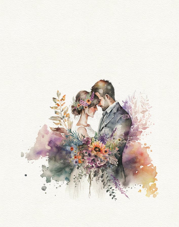 Watercolor Drawing Wedding Bride and Groom in Flowers, Wedding Card or ...
