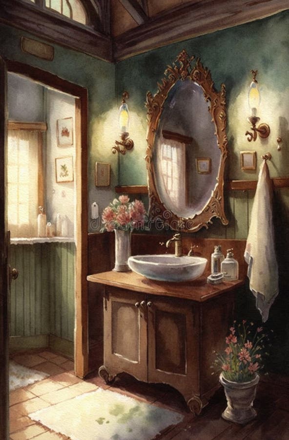 Watercolor Vintage Shabby Chic Bathroom Drawing Stock Image - Image of ...