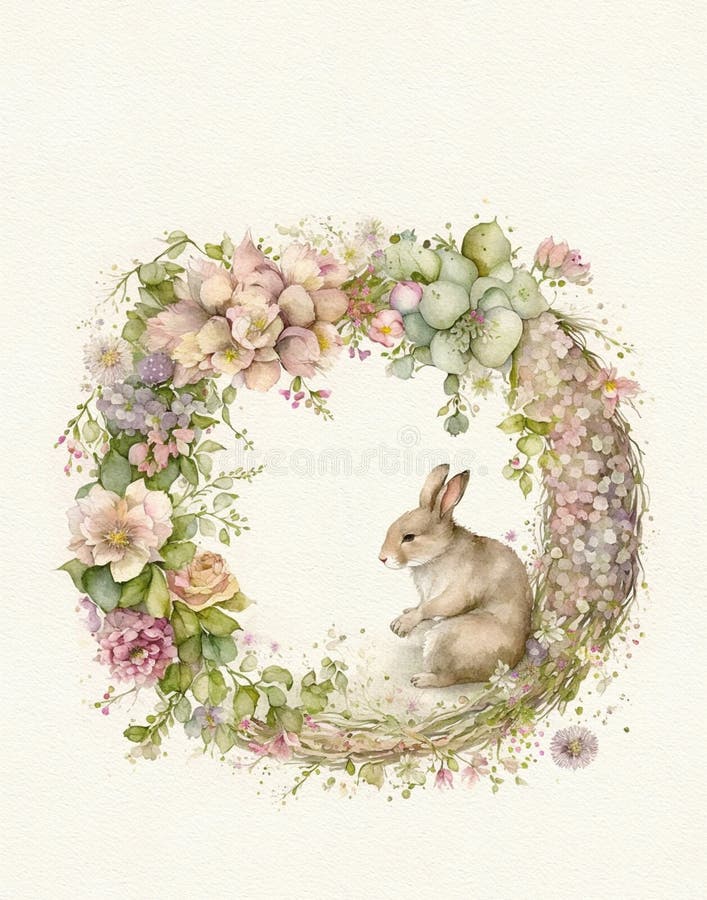 Vintage Illustration Rabbit in Flower Wreath, Floral Wreath Stock ...