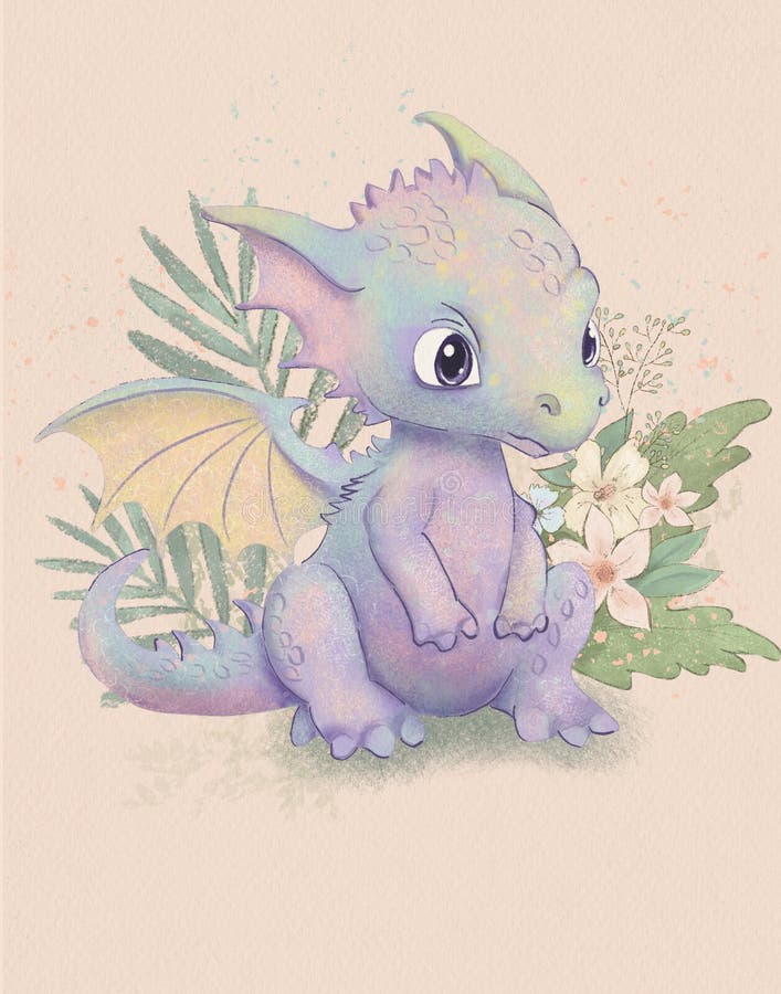 Pastel Vintage Dragon Drawing, Cute Baby Dragon Animal, Kids Birthday ...