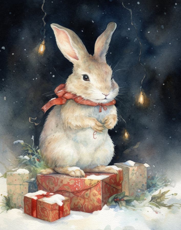 Vintage Watercolor Christmas Drawing of Hare with Gifts, Vintage Xmas ...