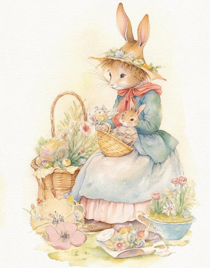 Pastel Vintage Bunny Drawing, Easter Bunny, Shabby Chic Drawing ...