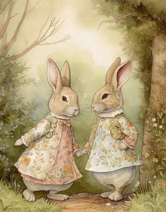 Watercolor Vintage Drawing of Two Cute Rabbits in a Vintage Atmosphere ...