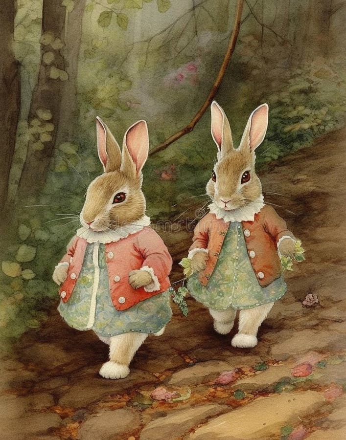 Watercolor Vintage Drawing of Two Cute Rabbits in a Vintage Atmosphere ...