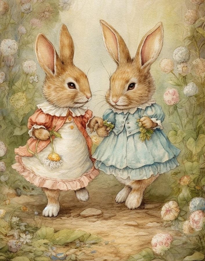 Watercolor Vintage Drawing of Two Cute Rabbits in a Vintage Atmosphere ...
