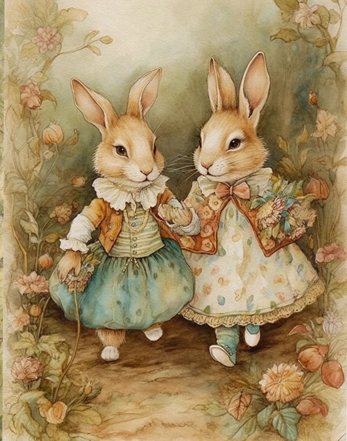 Watercolor Vintage Drawing of Two Cute Rabbits in a Vintage Atmosphere ...