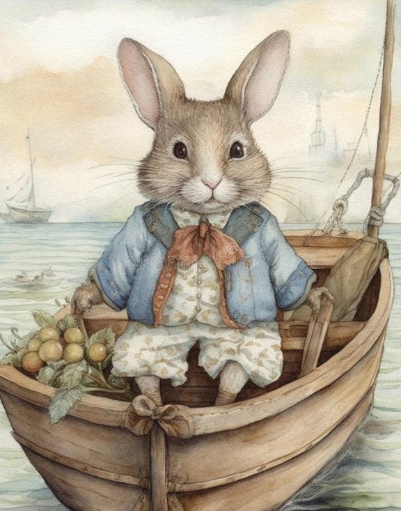 Watercolor Drawing of a Bunny Sailor in Vintage Style on a Wooden Boat ...