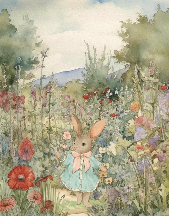 Watercolor Vintage Drawing of a Rabbit in Vintage Clothes Walking in ...